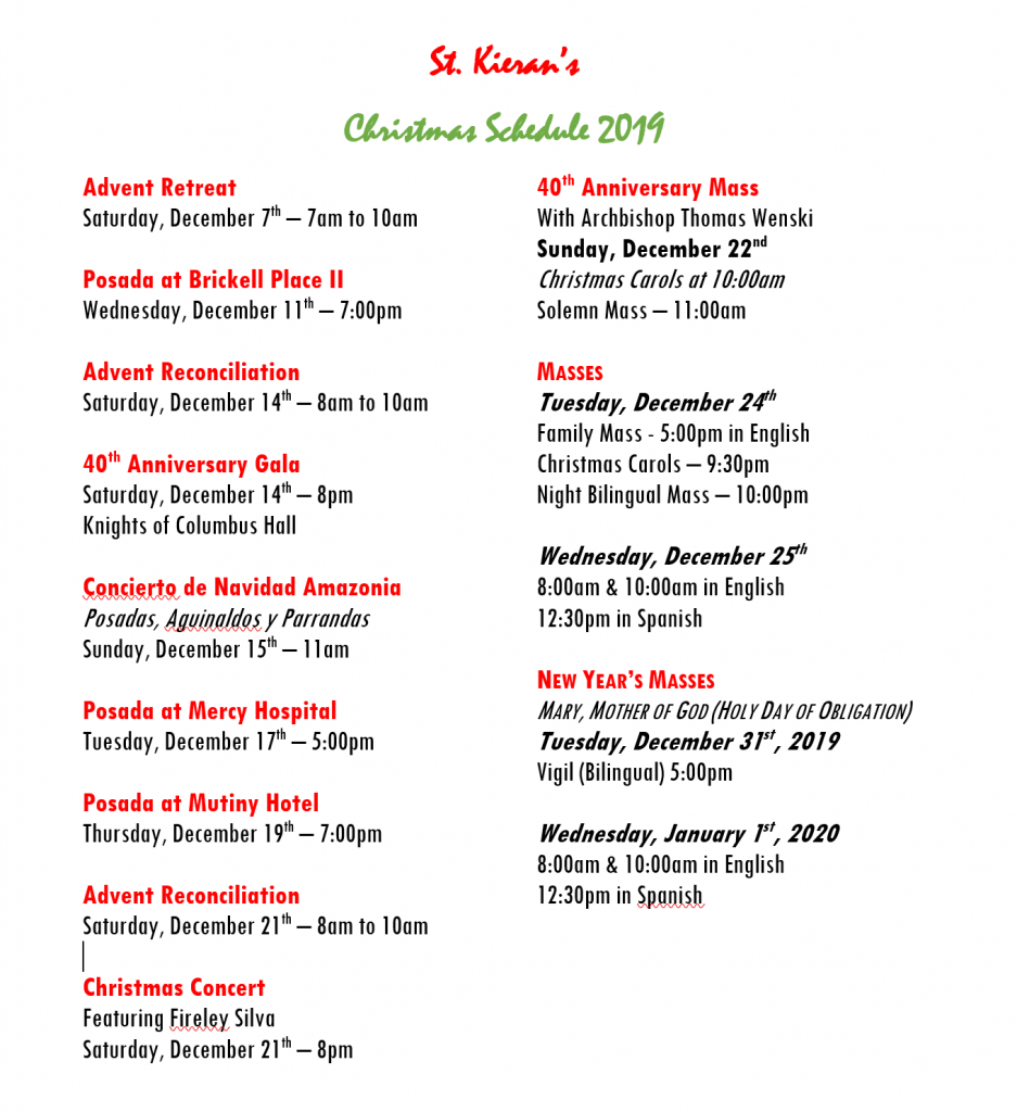 2019 Christmas Schedule - St. Kieran Catholic Church | Miami Brickell ...